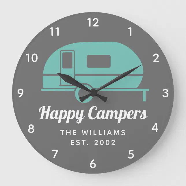 Happy Campers Grey Teal Camping Large Clock | Zazzle