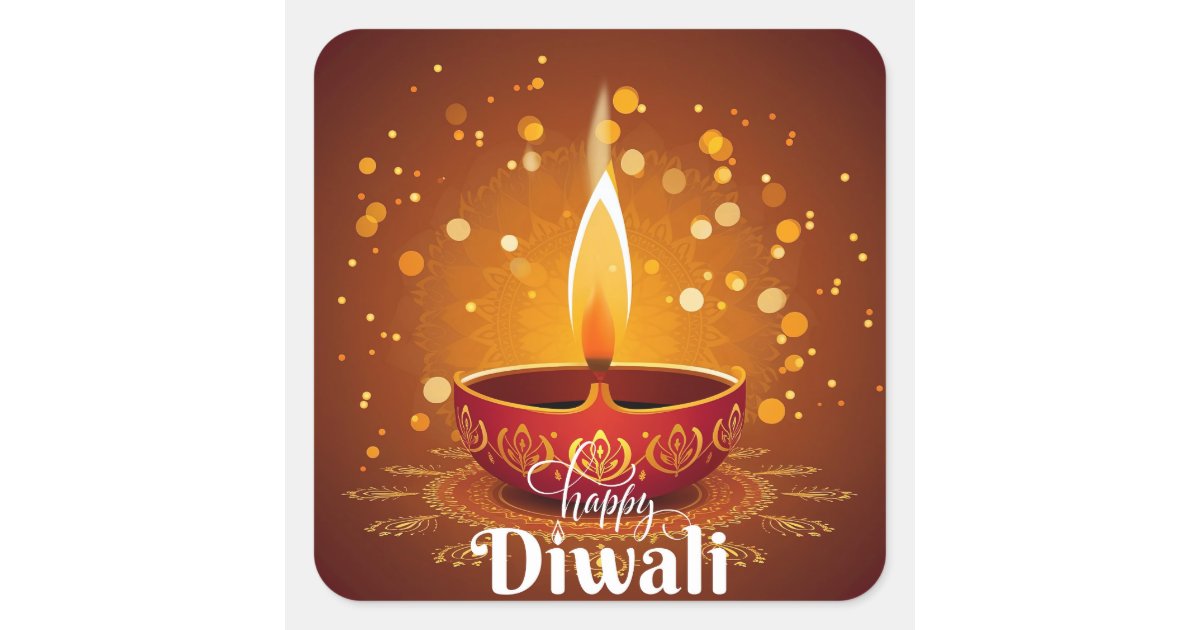 Happy Diwali Glowing Red Diya Festival of Light Square Sticker | Zazzle