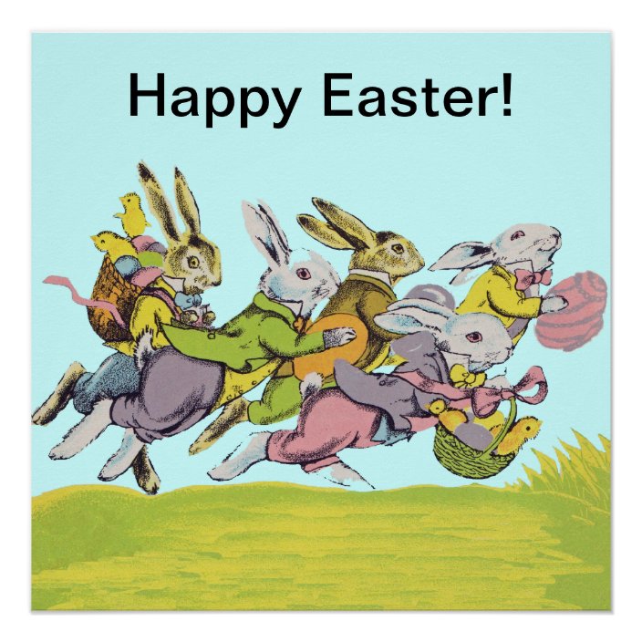 Happy Easter Running Pastel Rabbits Poster | Zazzle.co.uk