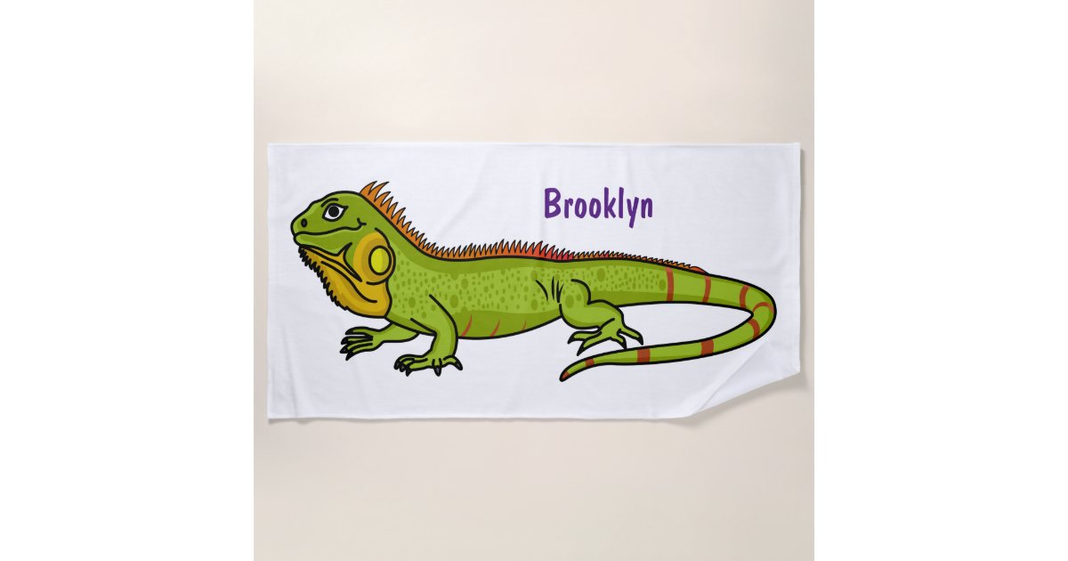 Happy green iguana cartoon illustration beach towel | Zazzle