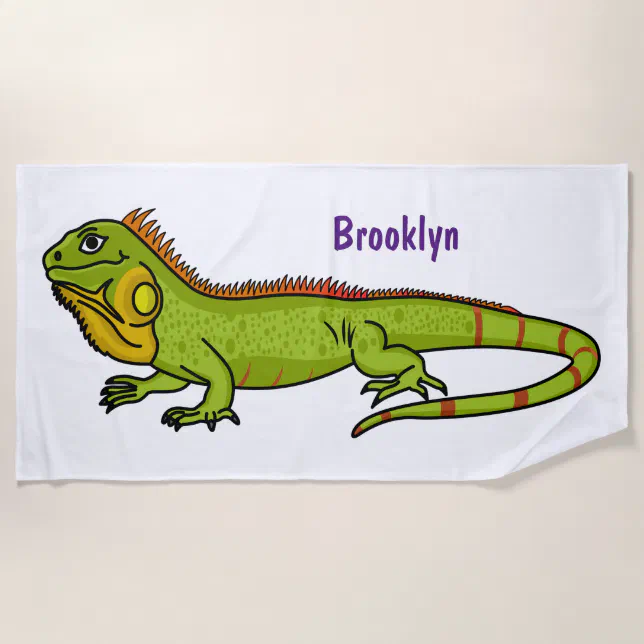 Happy green iguana cartoon illustration beach towel | Zazzle