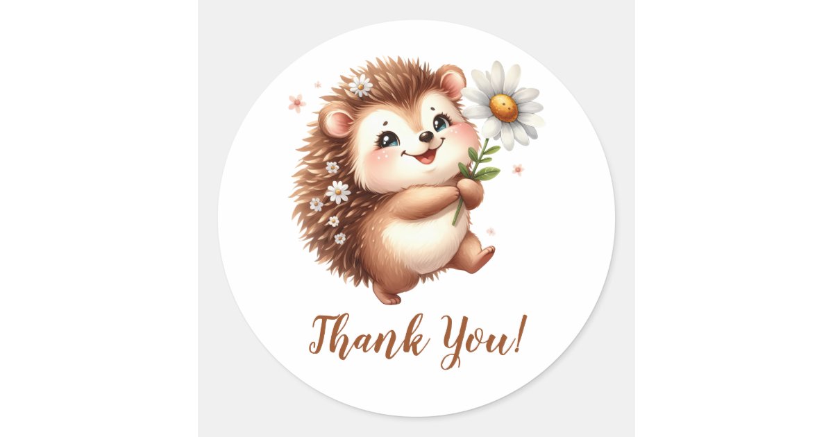 Happy Hedgehog with Sunflower Thank You Classic Round Sticker | Zazzle