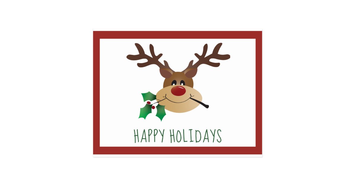 Happy Holidays Cute Reindeer Mistletoe Red Green Postcard | Zazzle.co.uk