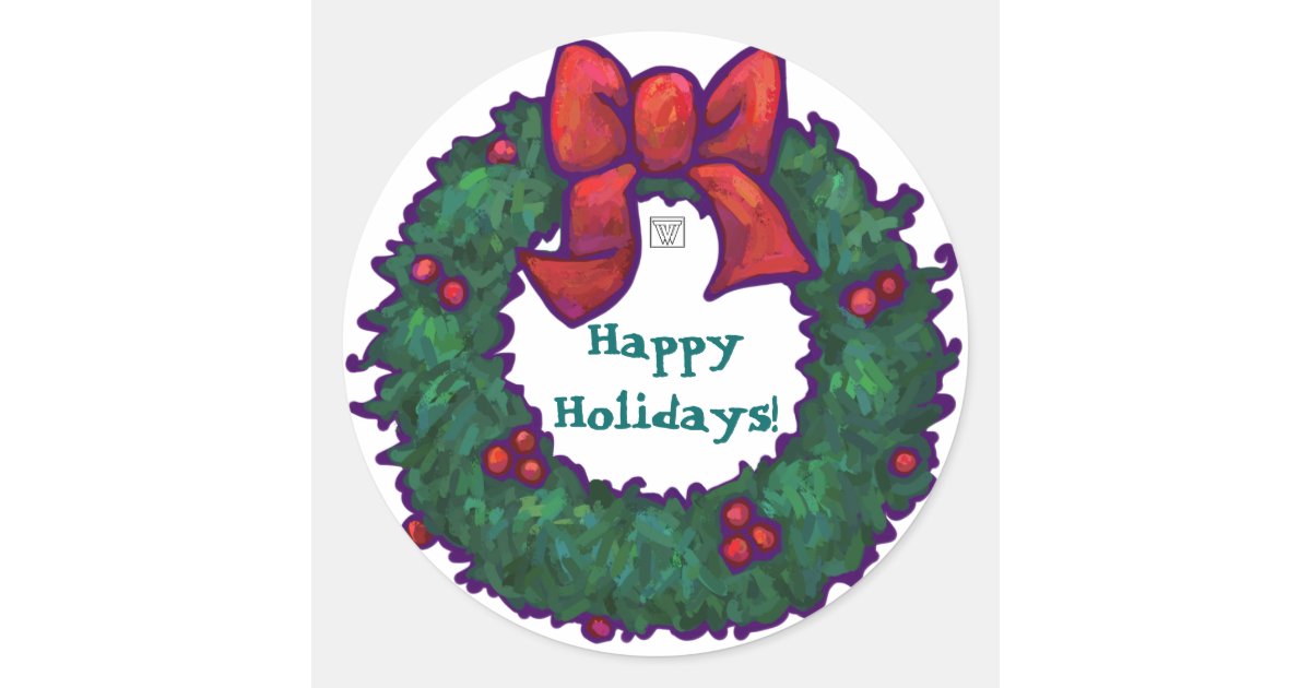 Happy Holidays Holly Wreath Classic Round Sticker | Zazzle
