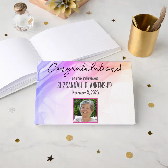 Happy Retirement Rainbow Watercolor Custom Photo Guest Book | Zazzle