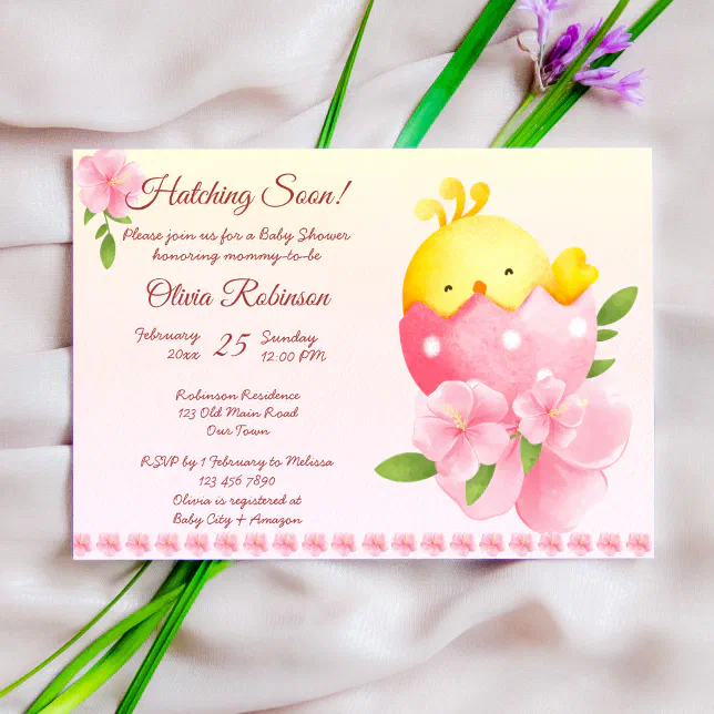 Hatching soon chicken girl pink spring baby shower invitation | Zazzle