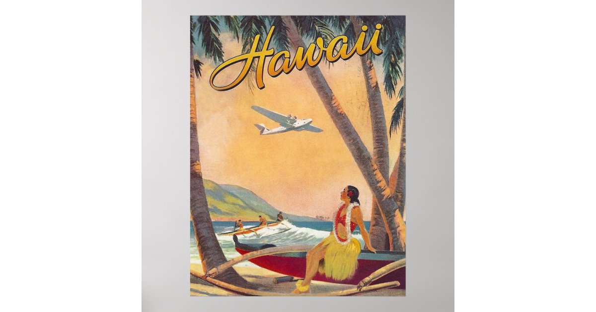 Hawaii Hula Girl On Tropic Coast Vintage Airline Poster Zazzle