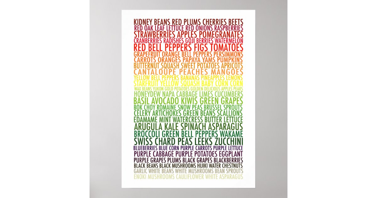 Healthy Eating Rainbow Fruits and Vegetables Text Poster | Zazzle