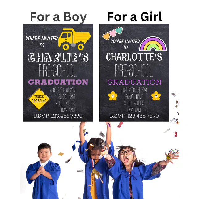 Hearts Rainbow Chalkboard Preschool Graduation Invitation | Zazzle