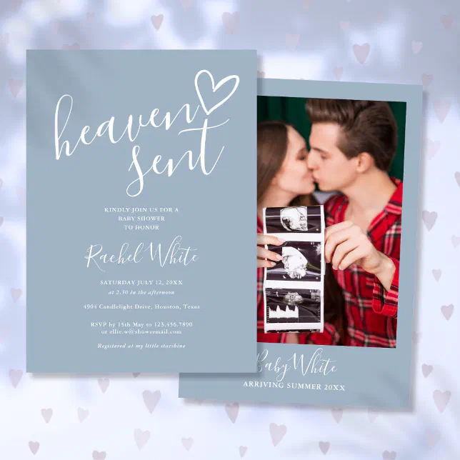 Heaven Sent Dusty Blue Photo Boy Baby Shower Invitation | Zazzle