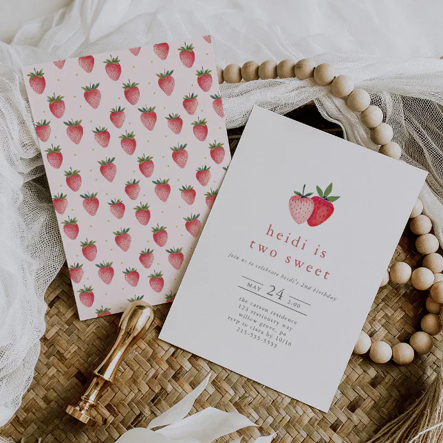HEIDI Cute Strawberry Kids Two Sweet 2nd Birthday Invitation | Zazzle