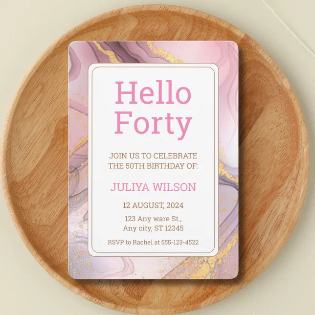 Hello forty pink glitter calligraphy birthday invitation | Zazzle