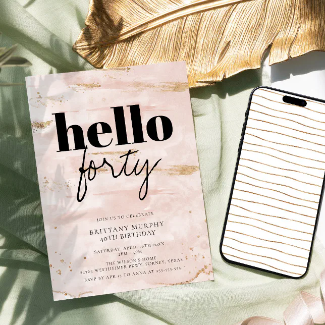 Hello Forty Pink Gold Modern Simple 40th Birthday Invitation | Zazzle