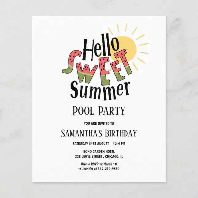 Hello Summer Pool Party Bday Budget Invitation | Zazzle