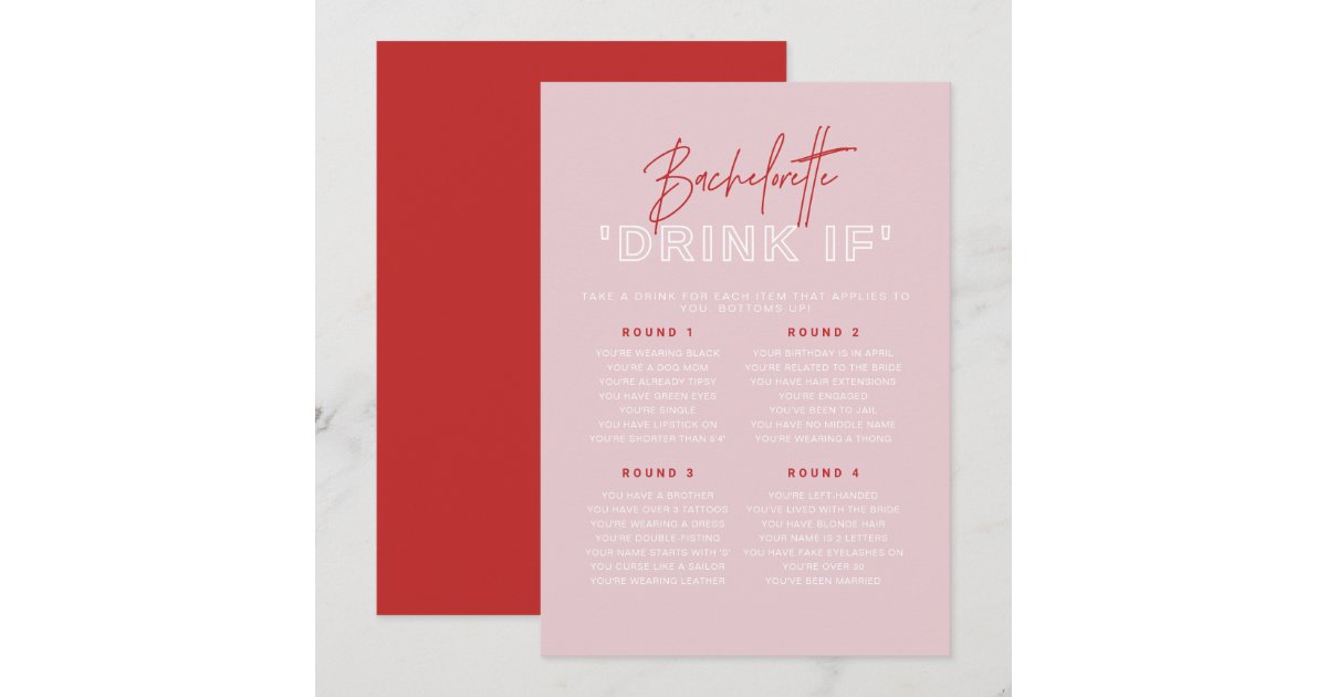 HENLEY Pink and Red Bachelorette Drink If Game Invitation | Zazzle