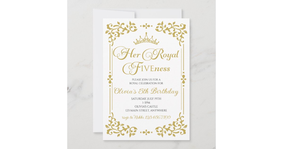 Her Royal Fiveness Gold Princess 5th Birthday Invitation | Zazzle