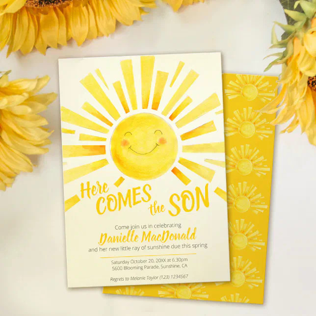 Here comes the son yellow sun whimsy baby shower invitation | Zazzle