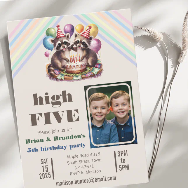 high five birthday party twins mapache theme photo invitation | Zazzle