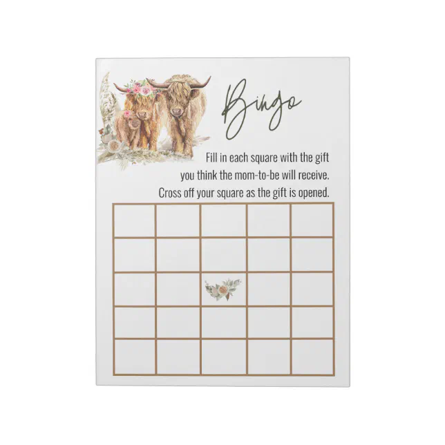 Highland Cow Baby Shower Bingo Game Couples Notepad | Zazzle