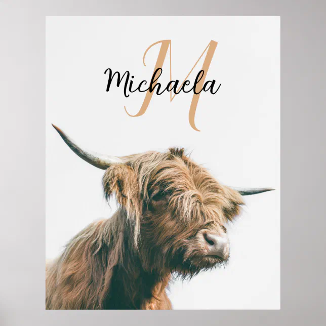 Highland cow portrait custom name initial monogram poster | Zazzle