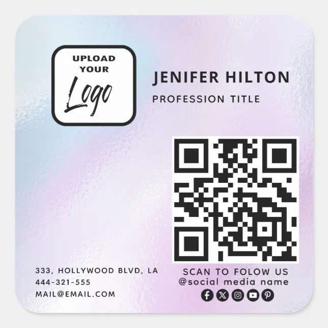 Holographic qr code logo social media square sticker | Zazzle