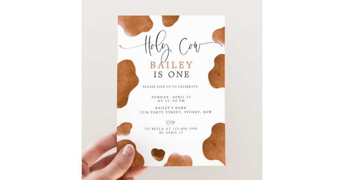 Holy Cow Birthday Invitation, Brown Cow Print Invitation | Zazzle
