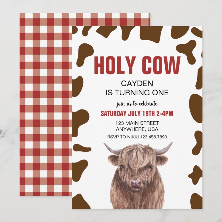 Holy Cow I'm One Red Plaid Birthday Invitation | Zazzle