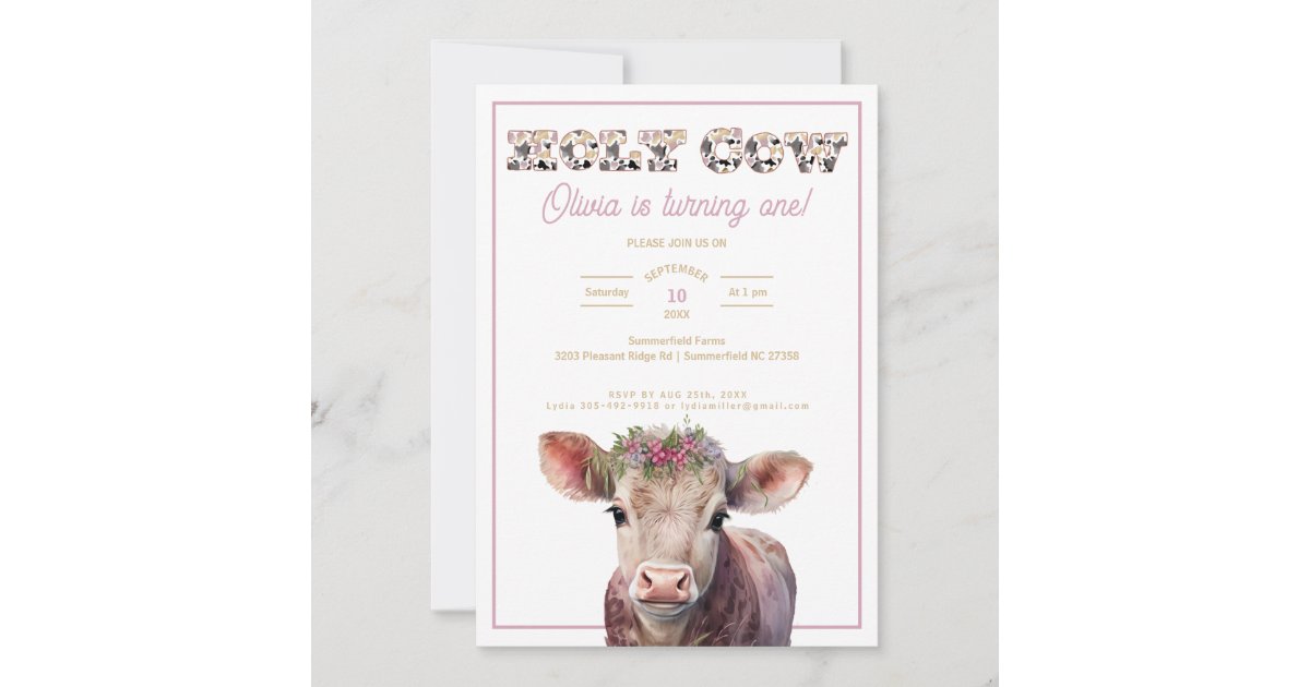 Holy Cow Pink Turning One Watercolor Birthday Invitation | Zazzle
