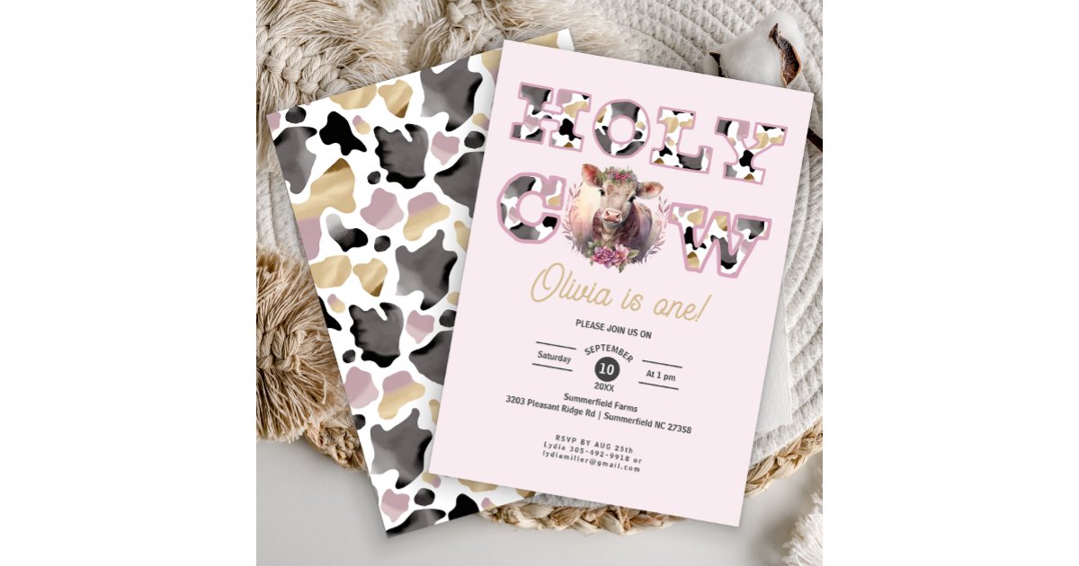 Holy Cow Turning One Pink Floral Birthday Party Invitation | Zazzle
