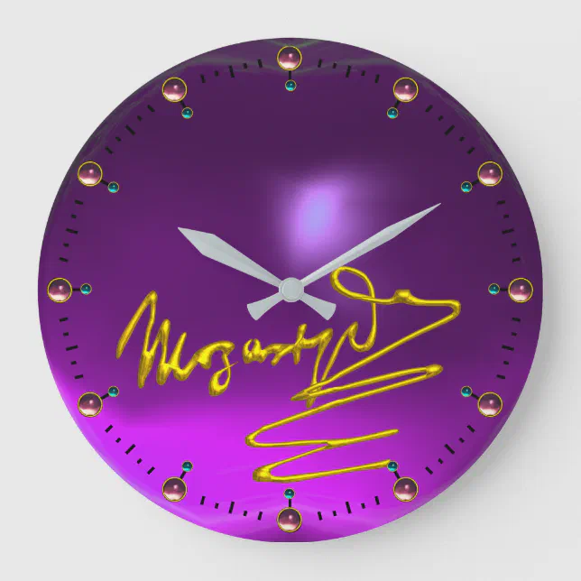 HOMAGE TO MOZART Gold Signature Of Composer Purple Large Clock | Zazzle