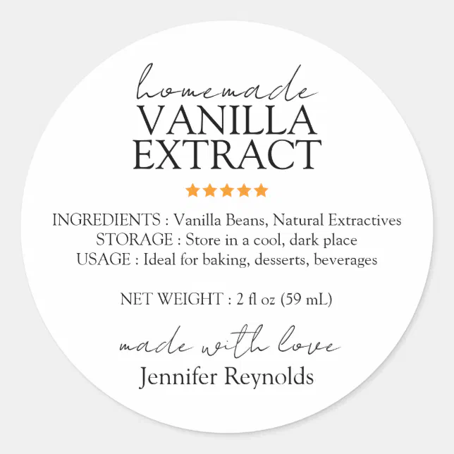 Homemade Vanilla Extract with Instructions Classic Round Sticker | Zazzle