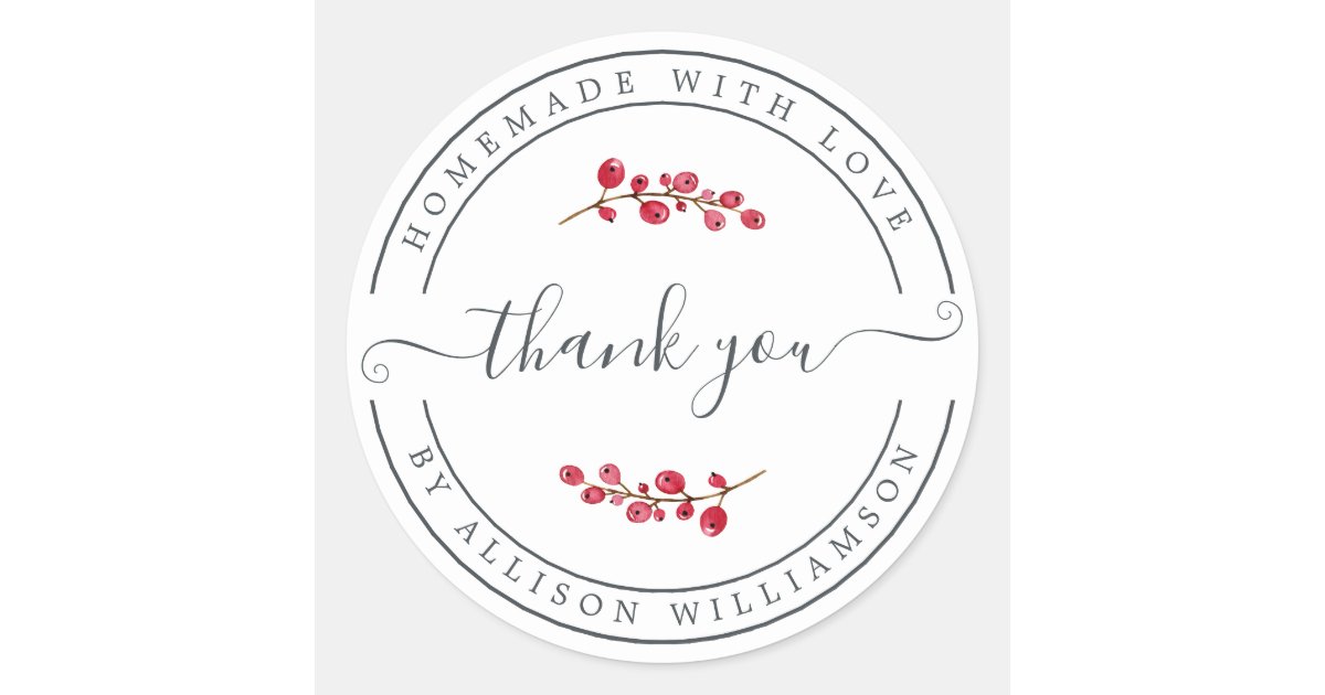 Homemade With Love Cranberry Sprig Thank You Classic Round Sticker | Zazzle