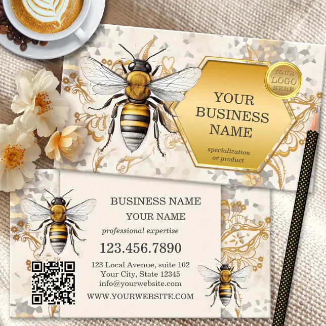Honey Bee Gold Logo QR Code Business Card | Zazzle