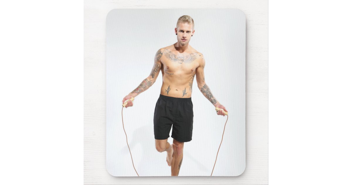 Hot Guy Sexy Shirtless Tattoo Muscle Man Jump Rope Mouse Mat | Zazzle