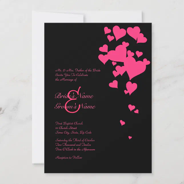 Hot Pink and Black Hearts Wedding Invitation | Zazzle