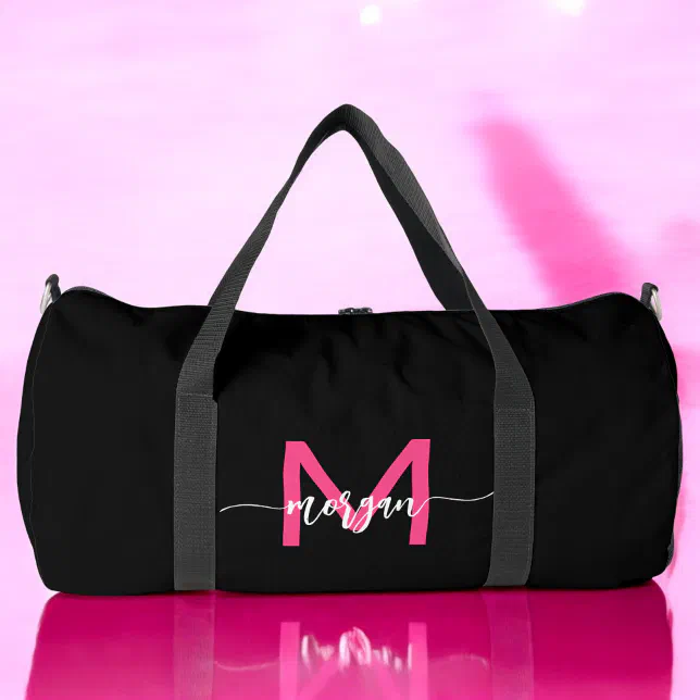 Hot Pink Black Monogram Name Girl's Script Sports Duffle Bag | Zazzle