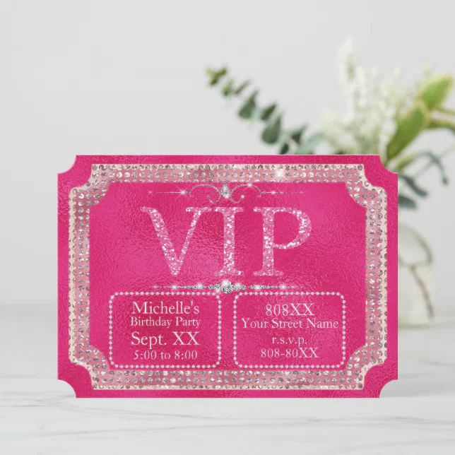 Hot Pink Glitter & Diamonds VIP Ticket Invitation | Zazzle