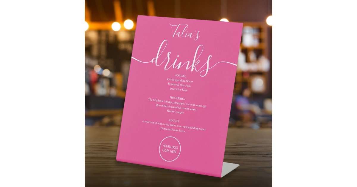 Hot Pink Signature Script Wedding Logo Drinks Menu Pedestal Sign | Zazzle