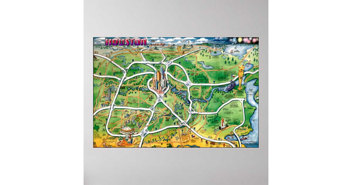 Houston Texas Cartoon Map Poster | Zazzle