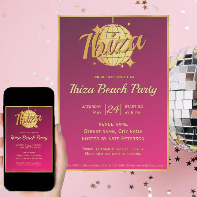 Ibiza themed eivissa gold disco ball pink party invitation | Zazzle