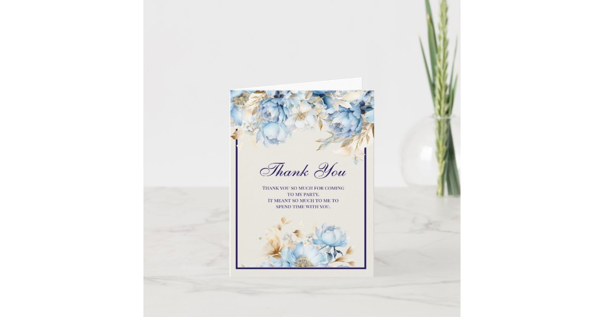Ice Blue and Navy Floral Birthday Thanks Thank You Card | Zazzle