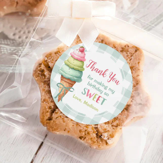 Ice Cream Blue Bow Gingham Birthday Party Classic Round Sticker | Zazzle