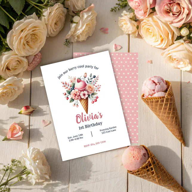 Ice Cream Floral Berry Cool Girl Birthday Party Invitation | Zazzle