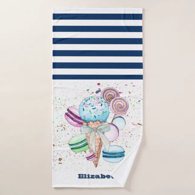 Ice cream Macaroons Navy Blue White Striped Bath Towel | Zazzle