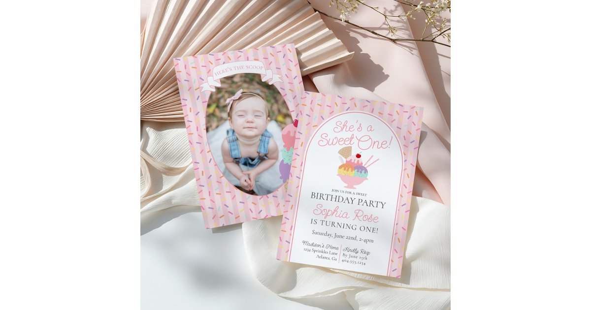 Ice Cream Sundae Sweet One First Birthday Party Invitation | Zazzle