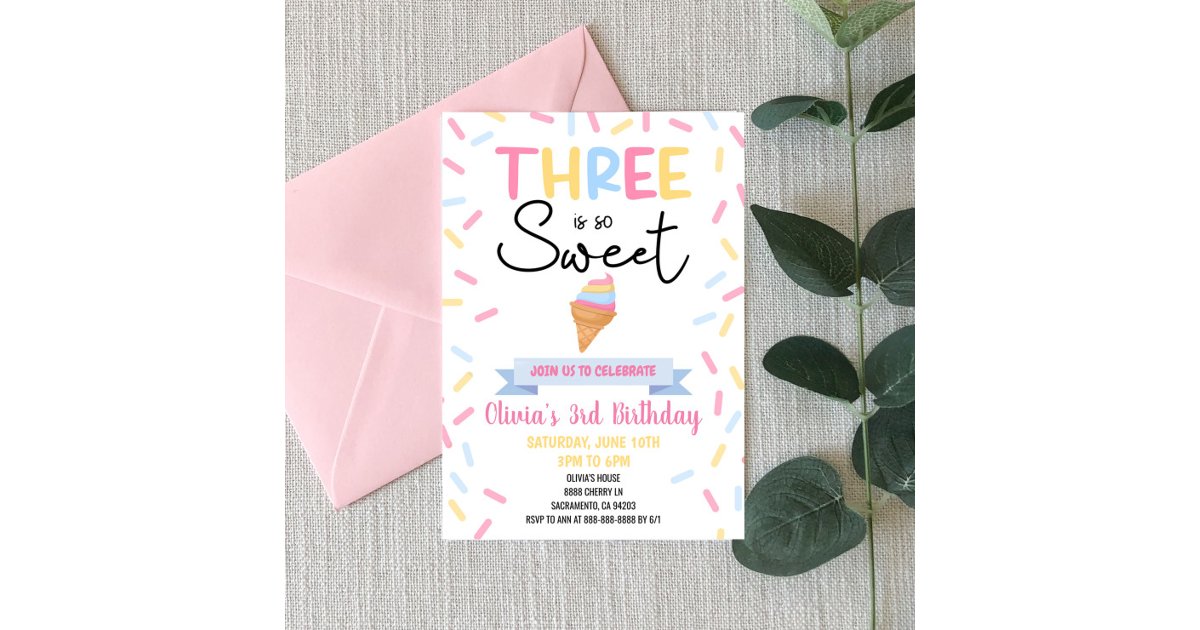 Ice Cream Three Is Sweet 3rd Third Birthday Party Invitation | Zazzle