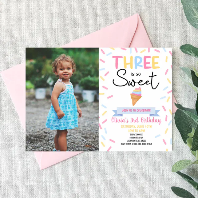 Ice Cream Three Is Sweet 3rd Third Birthday Party Invitation | Zazzle
