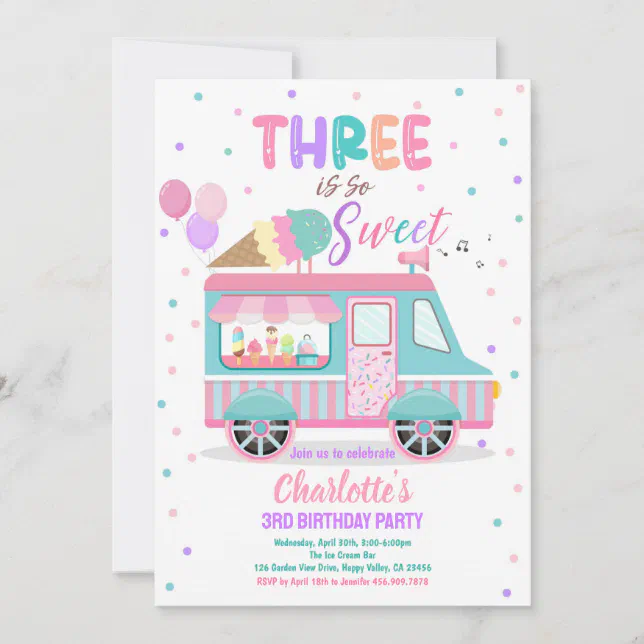Ice Cream Truck Three is So Sweet 3rd Birthday Invitation | Zazzle