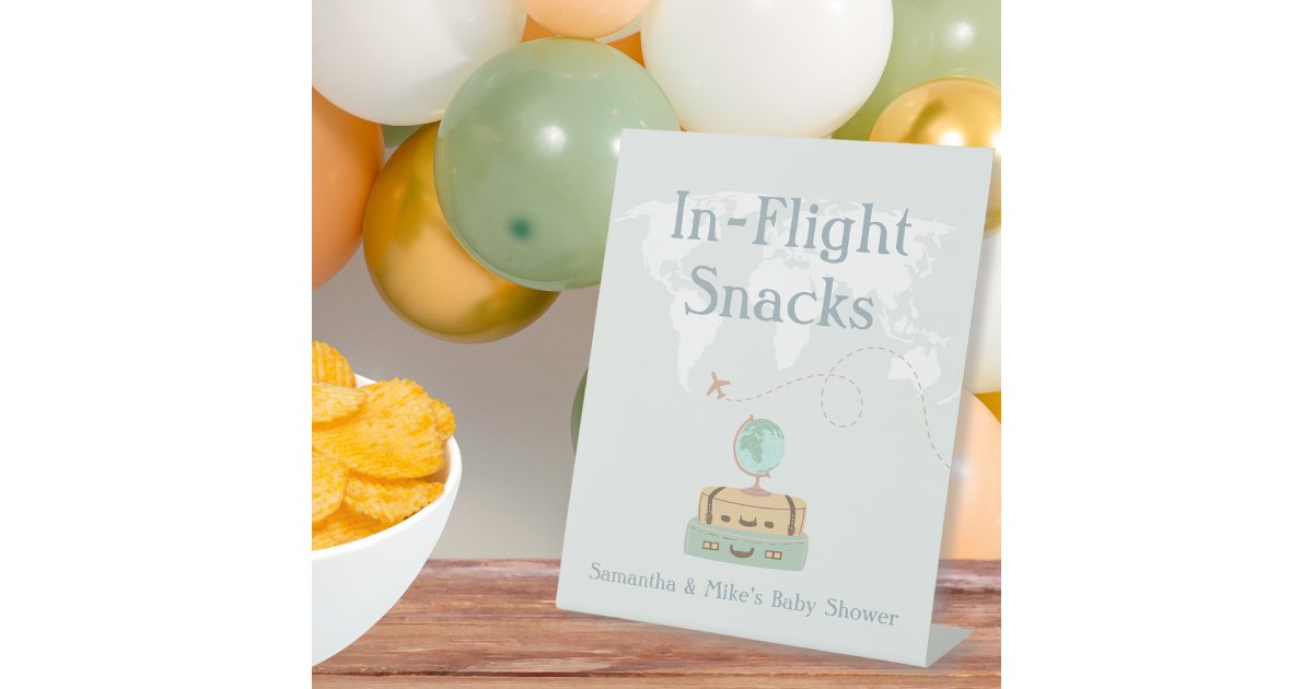 In-Flight Snacks World Map Adventure Baby Shower Pedestal Sign | Zazzle