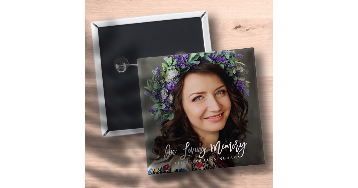 In Loving Memory Cursive Custom Photo Memorial 15 Cm Square Badge | Zazzle